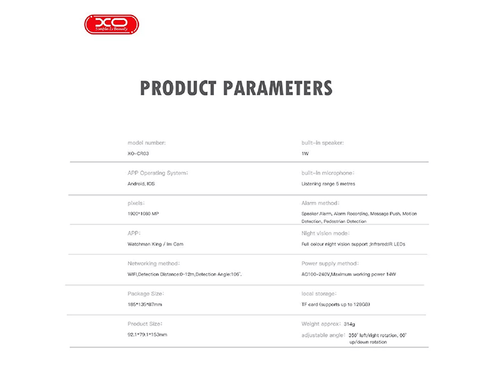 دوربین مداربسته هوشمند ایکس او XO-CR03 Video Calling Smart Camera 2.4GHz Wi-Fi Network - فروشگاه ...